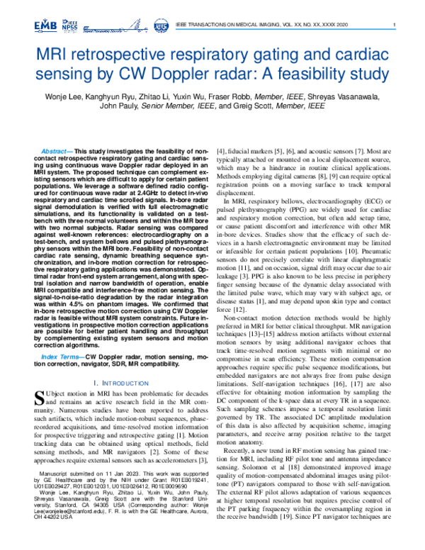 (PDF) MRI retrospective respiratory gating and cardiac sensing by CW Doppler radar: A ...
