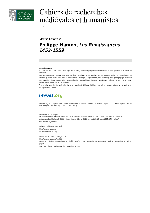 (PDF) Philippe Hamon, Les Renaissances 1453-1559