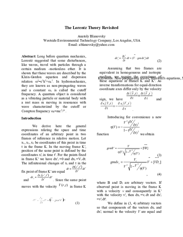 (DOC) The Lorentz Theory Revisited