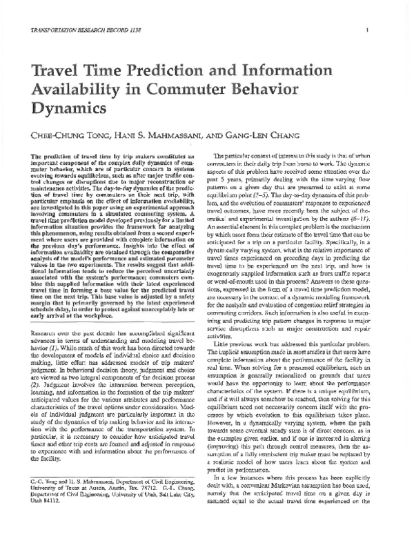 (PDF) Travel time prediction and information availability in commuter behavior dynamics
