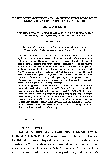 Pdf System Optimal Dynamic Assignment For Electronic Route Guidance In A Congested Traffic Network