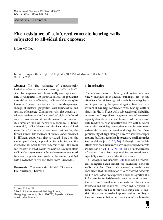 (PDF) Fire resistance of reinforced concrete bearing walls subjected to ...
