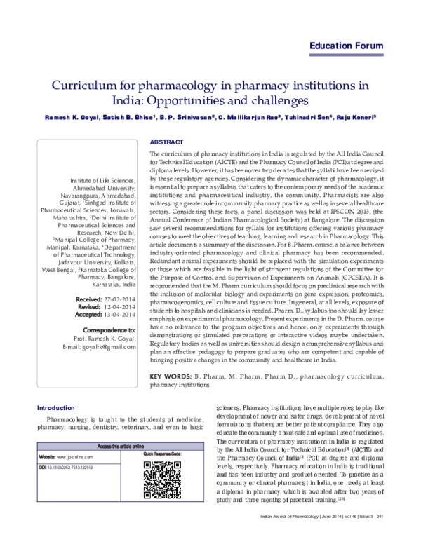 (PDF) Curriculum for pharmacology in pharmacy institutions in India ...