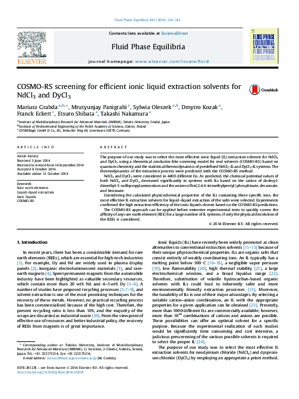 (PDF) COSMO-RS screening for efficient ionic liquid extraction solvents ...
