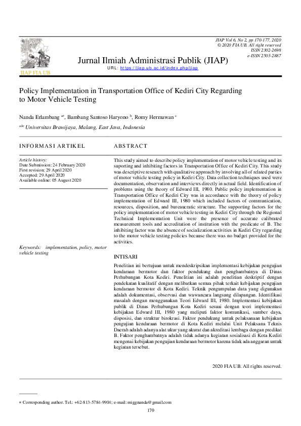 (PDF) Policy Implementation in Transportation Office of Kediri City Regarding to Motor Vehicle ...