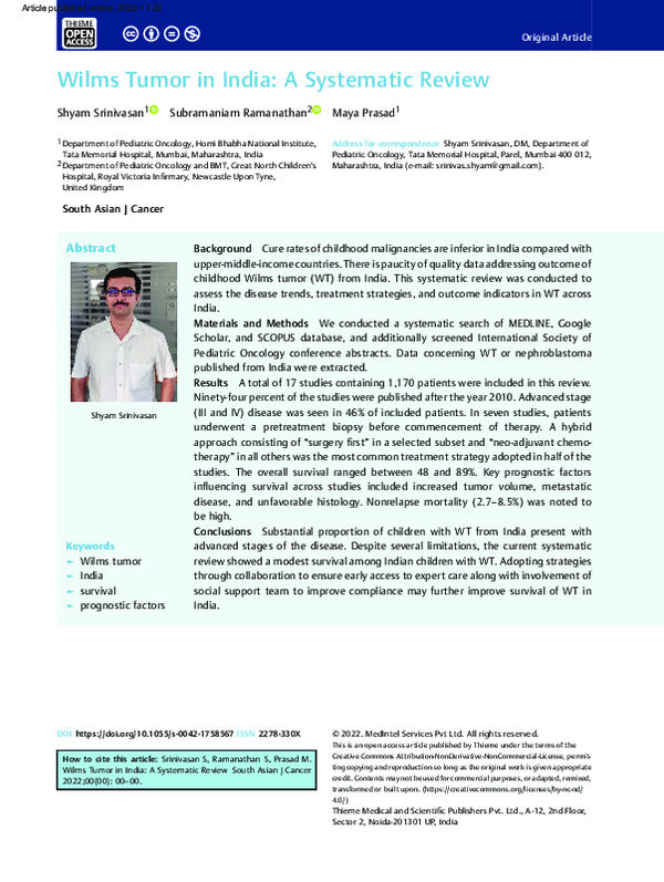 Pdf Wilms Tumor In India A Systematic Review Shyam Srinivasan