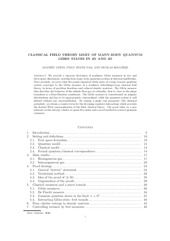 (PDF) Classical field theory limit of many-body quantum Gibbs states in ...