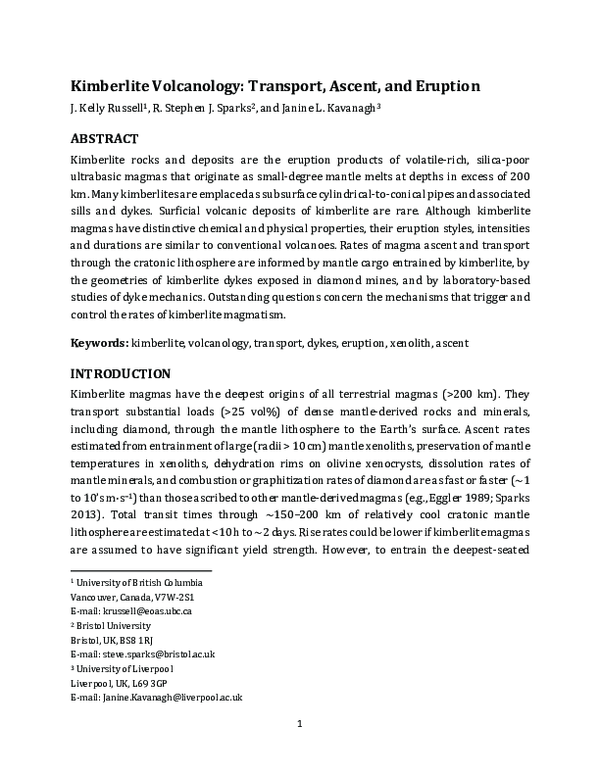 (PDF) Kimberlite Volcanology: Transport, Ascent, and Eruption