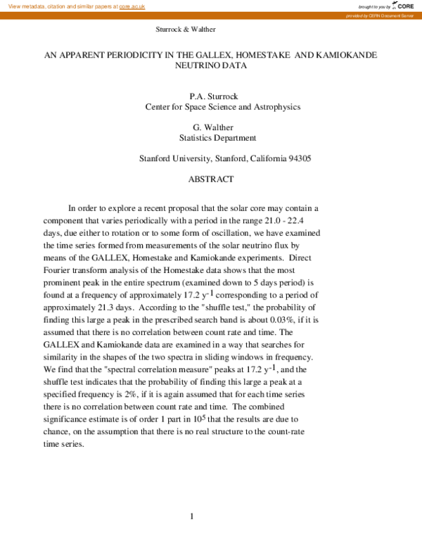 (PDF) An Apparent Periodicity in the Gallex, Homestake and Kamiokande ...