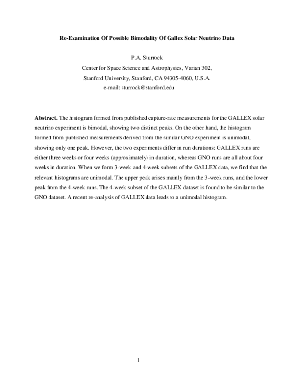 (PDF) Reexamination of Possible Bimodality of GALLEX Solar-Neutrino Data