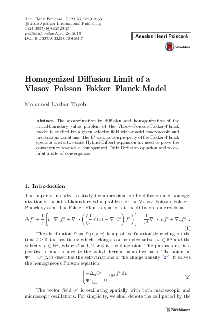(PDF) Homogenized Diffusion Limit of a Vlasov–Poisson–Fokker–Planck Model | lazhar tayeb ...