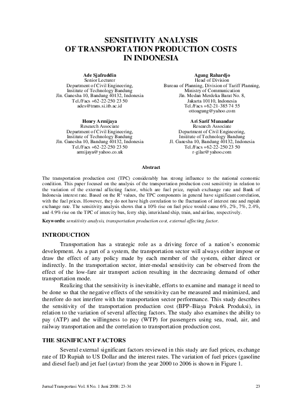 (PDF) Sensitivity Analysis of Transportation Production Costs in Indonesia