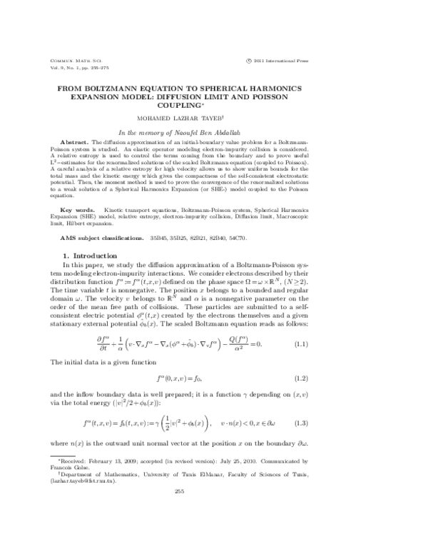 (PDF) From Boltzmann equation to spherical harmonics expansion model: diffusion limit and ...