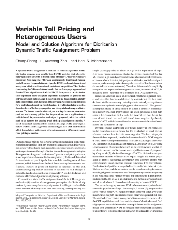 (PDF) Variable Toll Pricing and Heterogeneous Users: Model and Solution Algorithm for ...