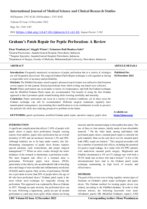 (PDF) Graham’s Patch Repair for Peptic Perforation : A Review