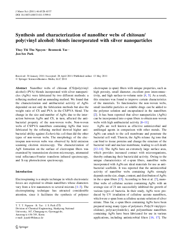 (PDF) Synthesis and characterization of nanofiber webs of chitosan/poly(vinyl alcohol) blends ...