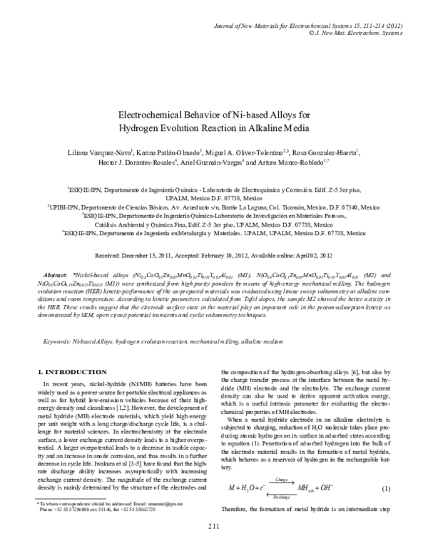 (PDF) Electrochemical Behavior of Ni-based Alloys for Hydrogen Evolution Reaction in Alkaline Media