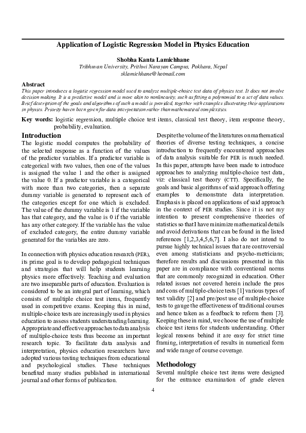 (PDF) Application of Logistic Regression Model in Physics Education