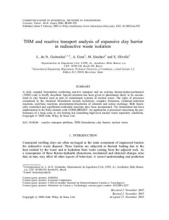 (PDF) THM and reactive transport analysis of expansive clay barrier in ...