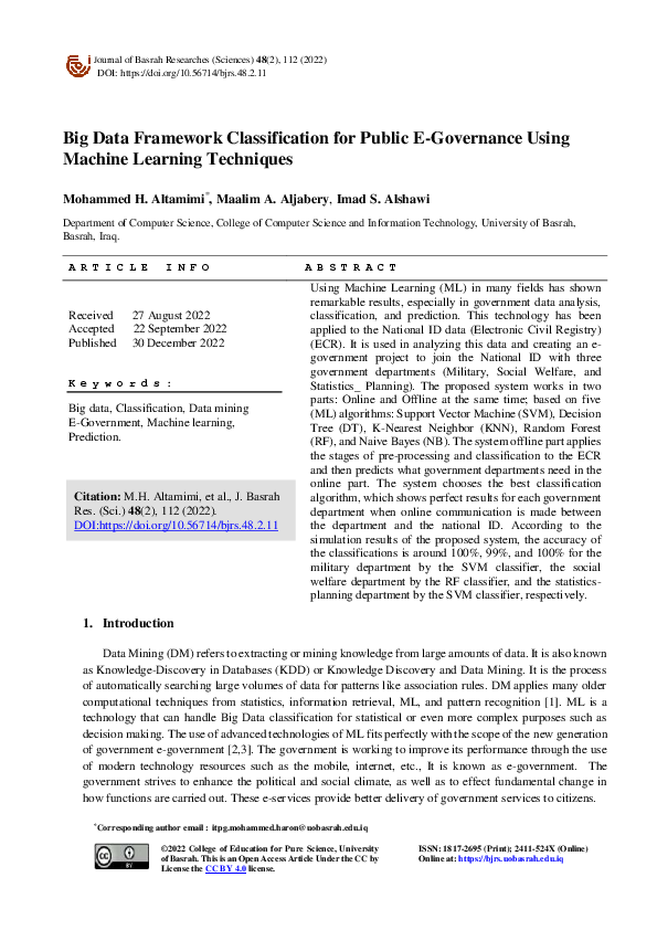 (PDF) Big Data Framework Classification for Public E-Governance Using Machine Learning Techniques
