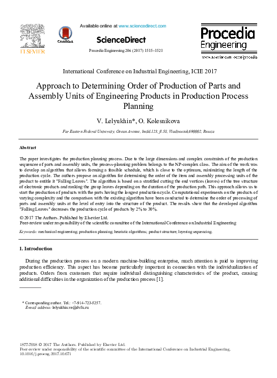 (PDF) Approach to Determining Order of Production of Parts and Assembly Units of Engineering ...