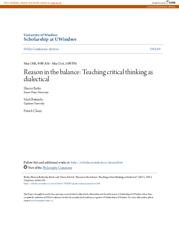 (PDF) Reason in the balance: Teaching critical thinking as dialectical