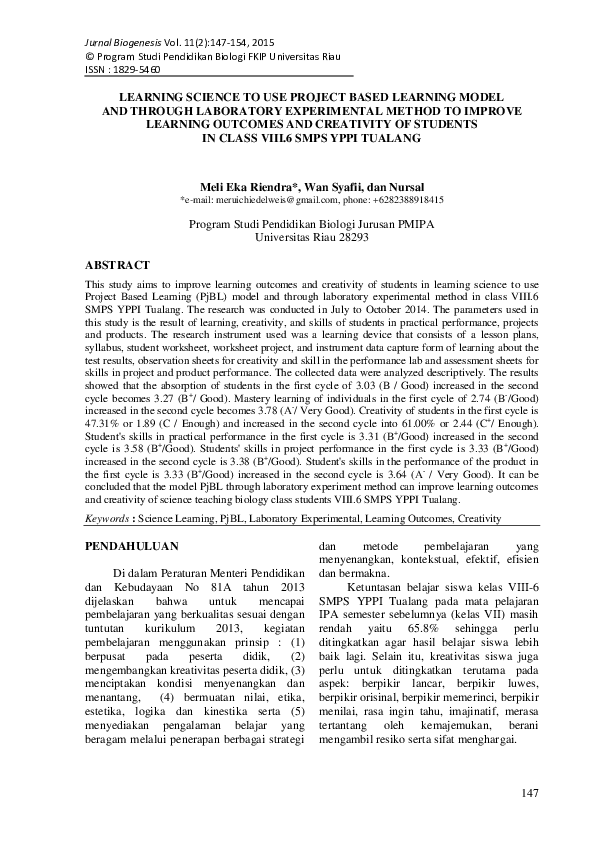 (PDF) Learning Science to Use Project Based Learning Model and Through Laboratory Experimental ...