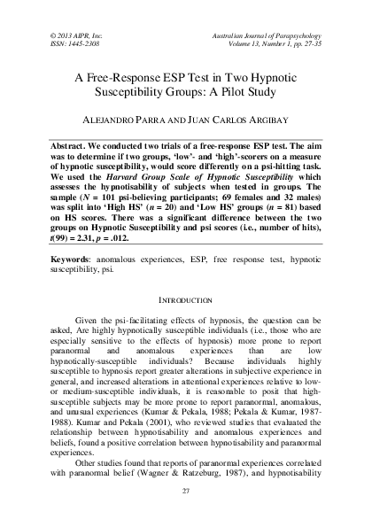 (PDF) A free-response ESP test in two hypnotic susceptibility groups: A ...