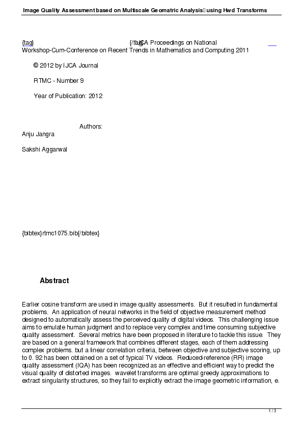 (PDF) Image Quality Assessment based on Multiscale Geomatric Analysisusing Hwd Transforms