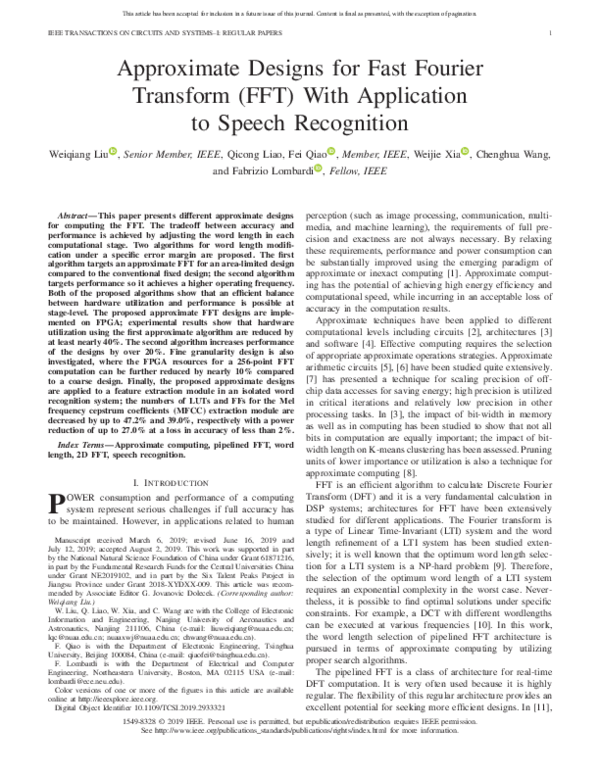 Pdf Approximate Designs For Fast Fourier Transform Fft With Application To Speech Recognition 