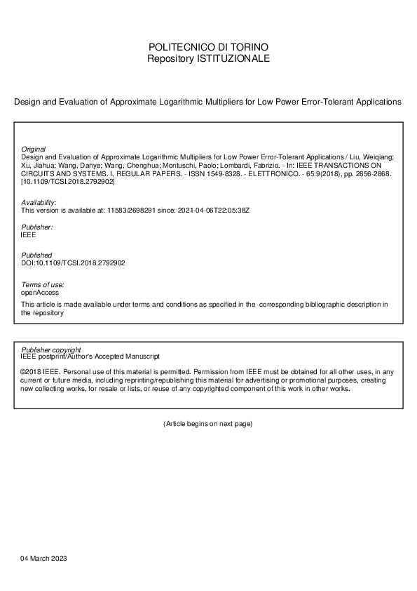 Pdf Design And Evaluation Of Approximate Logarithmic Multipliers For Low Power Error Tolerant