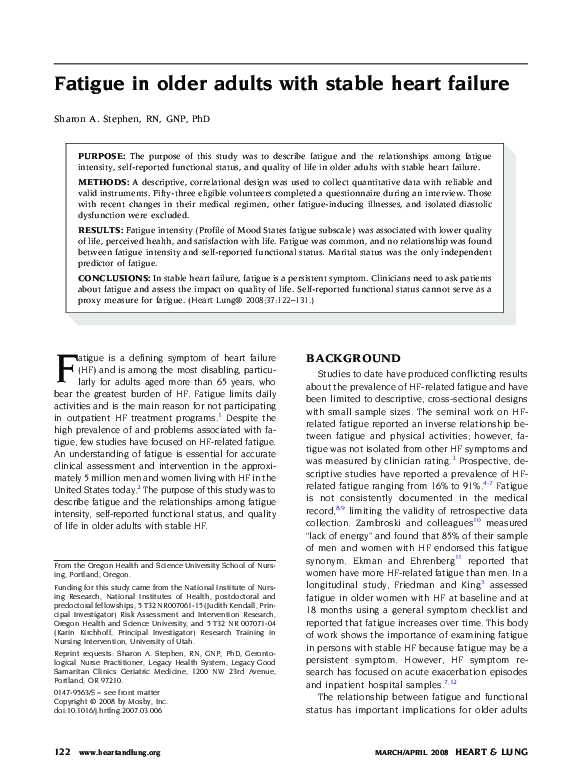 (PDF) Fatigue in older adults with stable heart failure | Sharon A ...