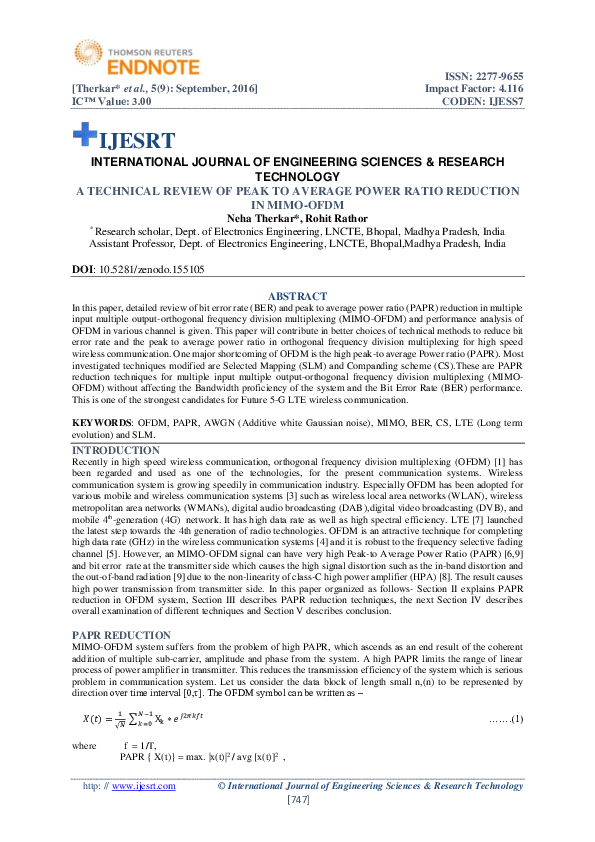 Pdf A Technical Review Of Peak To Average Power Ratio Reduction In Mimo Ofdm
