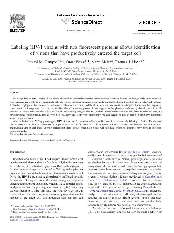 (PDF) Labeling HIV-1 virions with two fluorescent proteins allows ...