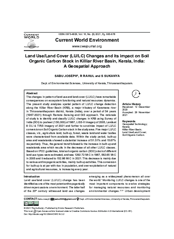 (PDF) Land Use/Land Cover (LU/LC) Changes and its impact on Soil Organic Carbon Stock in Killiar ...