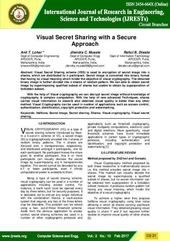 Pdf Visual Secret Sharing With A Secure Approach 
