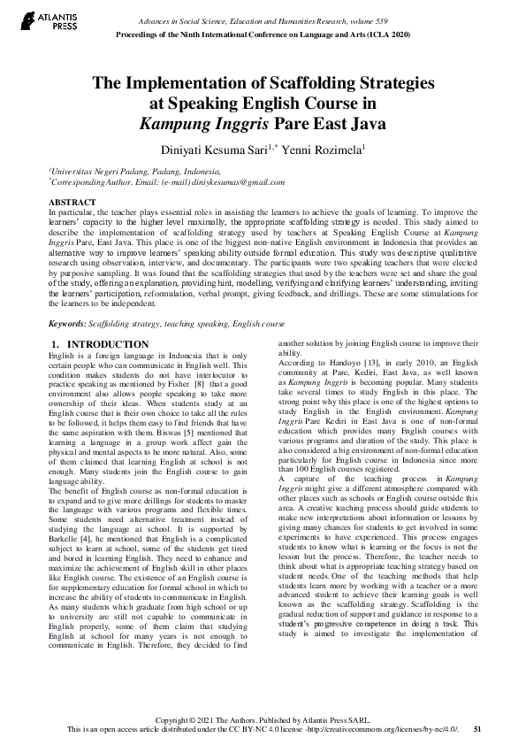(PDF) The Implementation of Scaffolding Strategies at Speaking English Course in Kampung Inggris ...