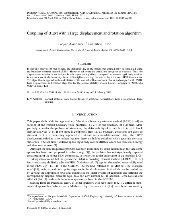 (PDF) Coupling of BEM with a large displacement and rotation algorithm
