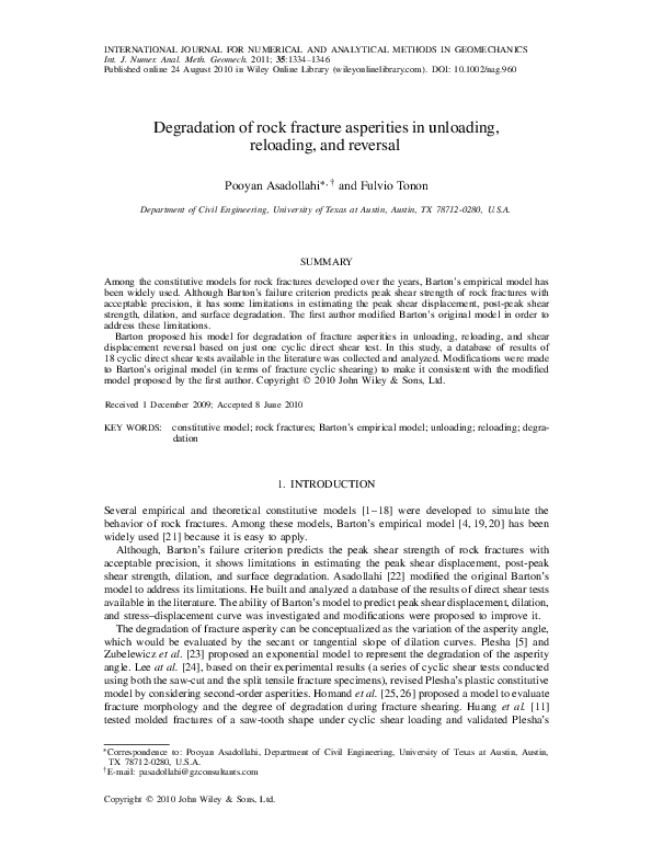 (PDF) Degradation of rock fracture asperities in unloading, reloading ...