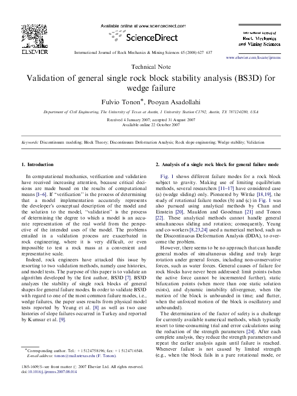 (PDF) Validation of general single rock block stability analysis (BS3D ...