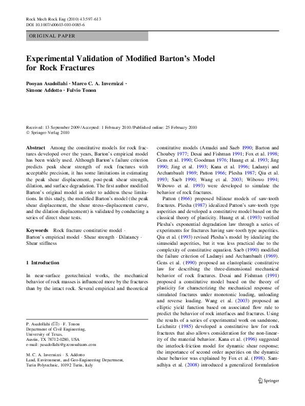 (PDF) Experimental Validation of Modified Barton’s Model for Rock Fractures