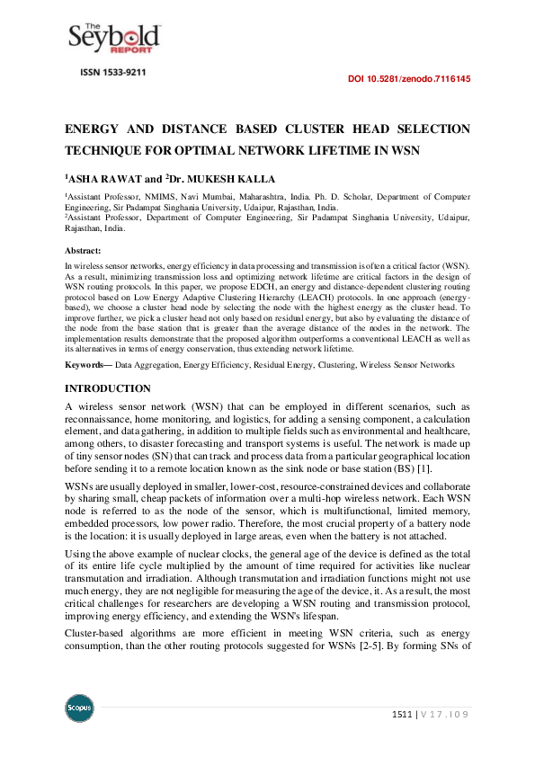 (PDF) Energy and Distance Based Cluster Head Selection Technique for Optimal Network Lifetime in WSN