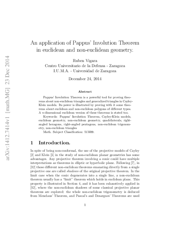 Pdf An Application Of Pappus Involution Theorem In Euclidean And Non Euclidean Geometry