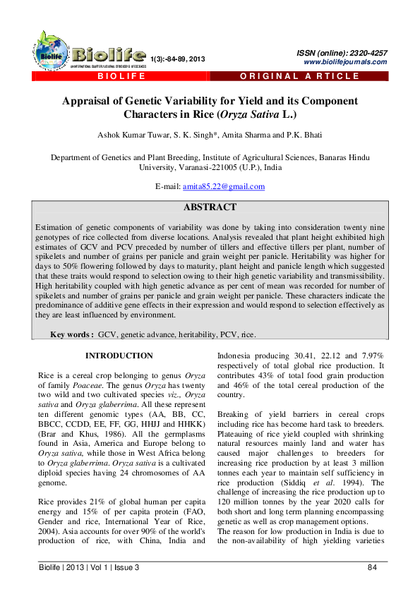 (PDF) Appraisal of Genetic Variability for Yield and its Component Characters in Rice (Oryza ...