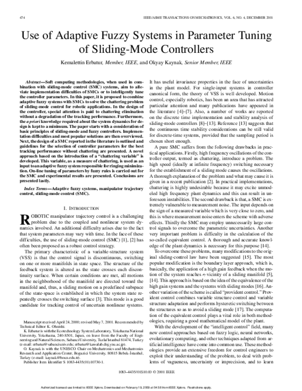 Pdf Use Of Adaptive Fuzzy Systems In Parameter Tuning Of Sliding Mode