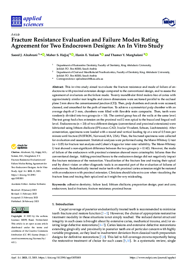 (PDF) Fracture Resistance Evaluation and Failure Modes Rating Agreement for Two Endocrown ...