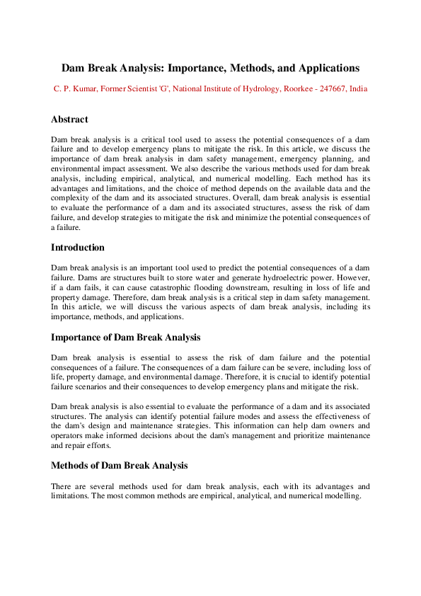 (PDF) Dam Break Analysis: Importance, Methods, and Applications