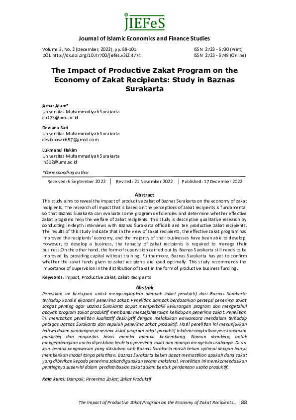 Pdf The Impact Of Productive Zakat Program On The Economy Of Zakat