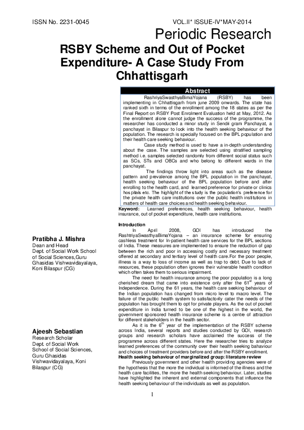 (PDF) Periodic Research RSBY Scheme and Out of Pocket Expenditure-A ...