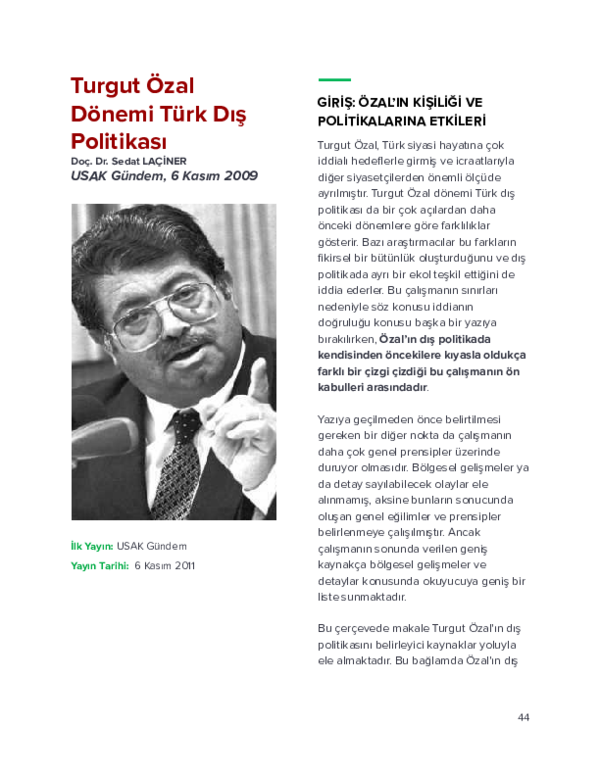 (PDF) Turgut Özal Dönemi Türk Dış Politikası